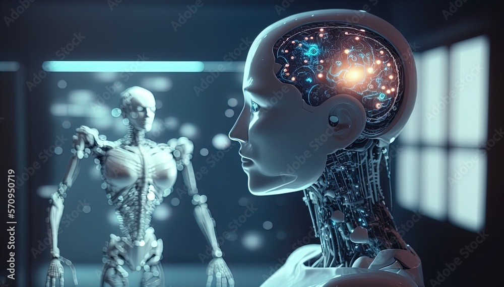 Robot controls a human brain hologram. Digitalization, business ...