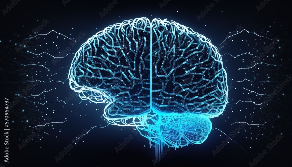 Glowing human brain with digital impact. Colorful areas, electrical ...