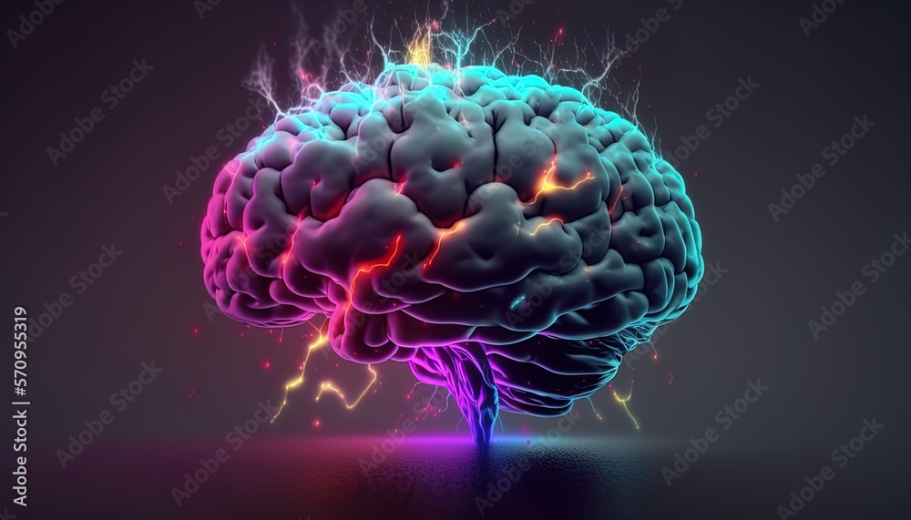 Glowing human brain with digital impact. Colorful areas, electrical ...