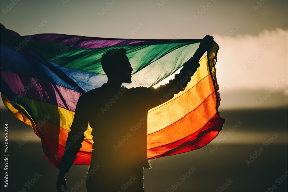 person holding a rainbow flag representing lgbt pride, concept of ...