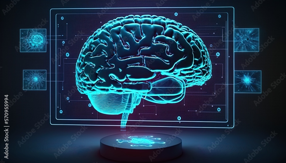 Photo & Art Print Luminous fluorescent brain hologram, digital mindset ...