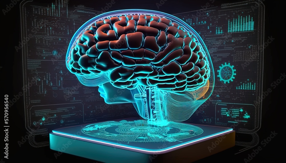 Luminous fluorescent brain hologram, digital mindset, technological ...