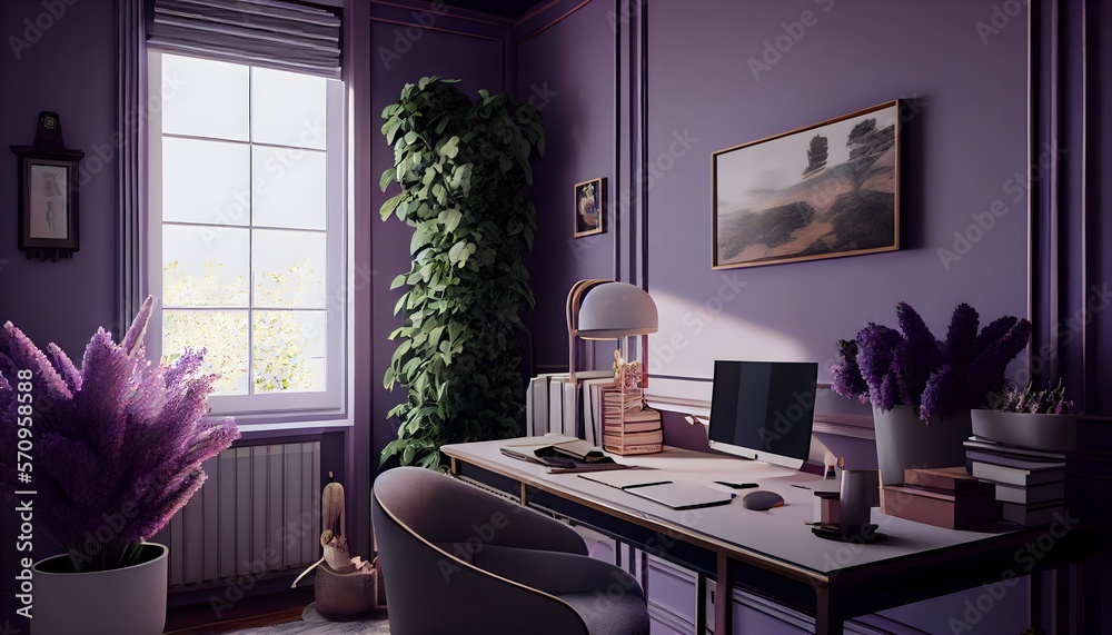 Small office interior, lavender and lilac colors, generative ai, with a ...