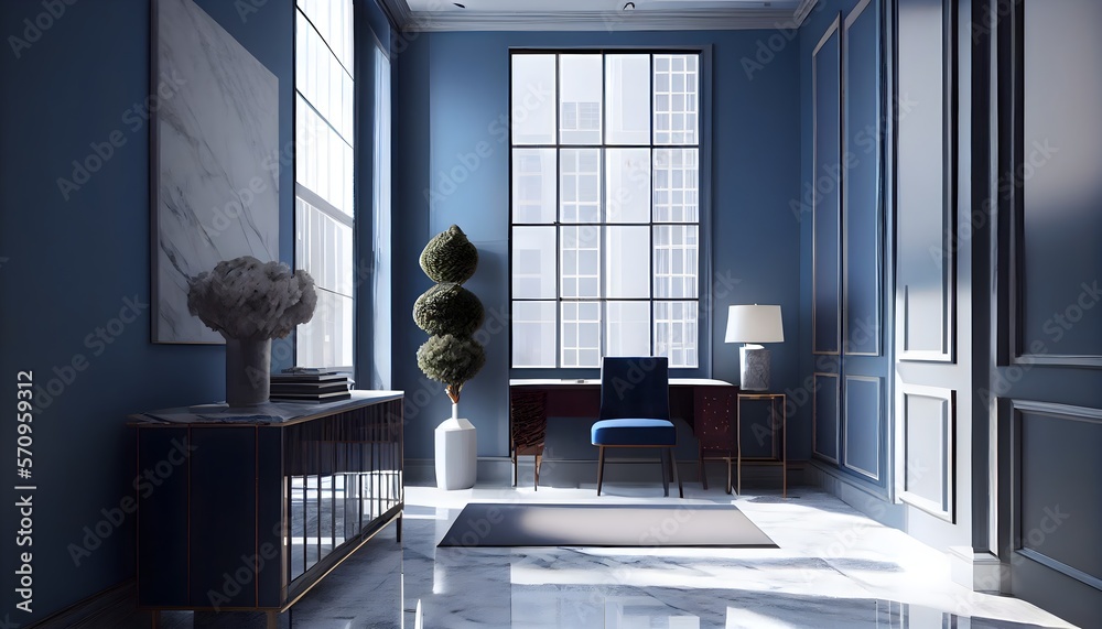 Modern living room, small and luxury office lobby with periwinkle blue ...
