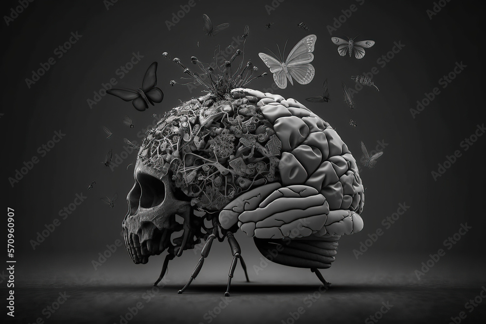 Human brain with insects, self care and mental health, created with ...