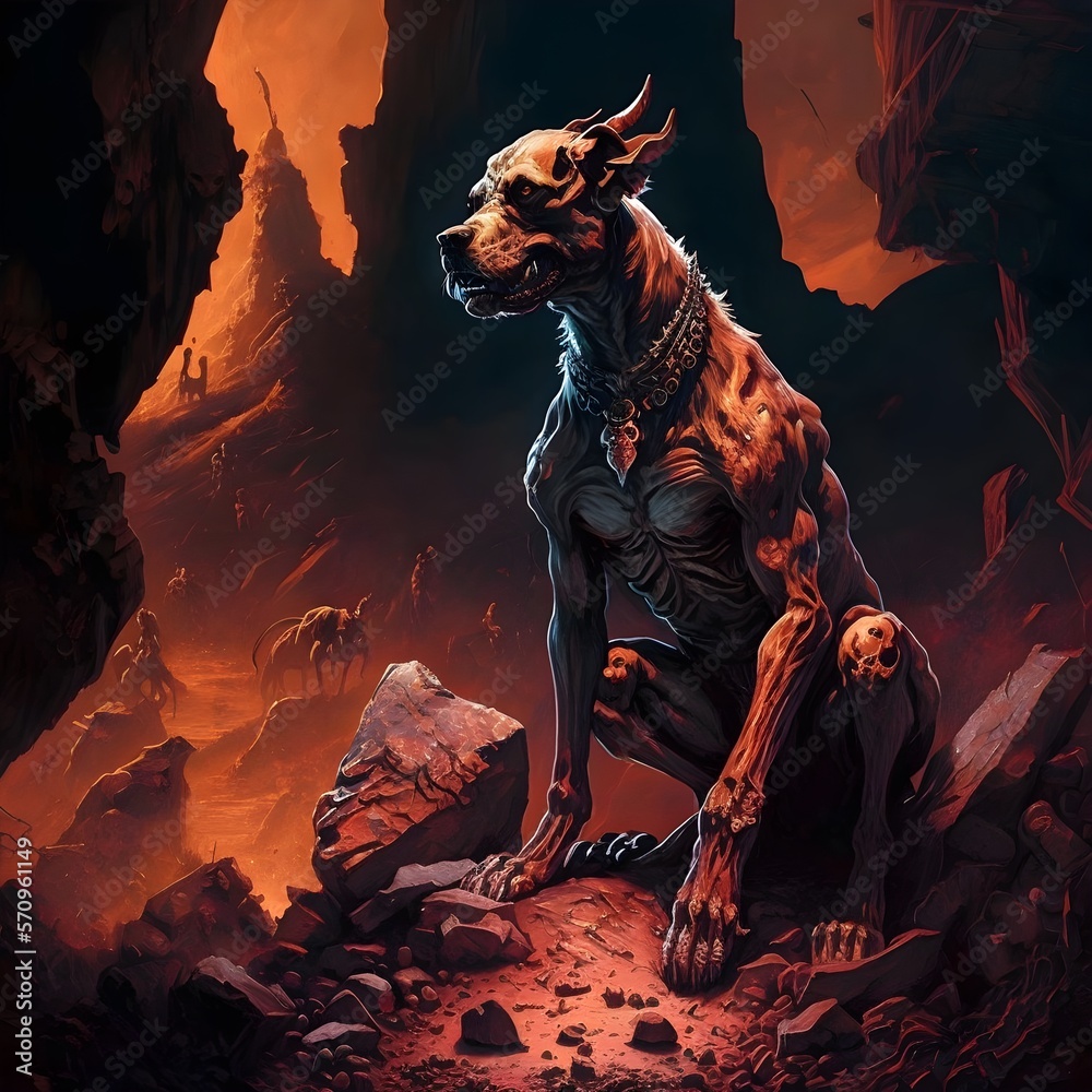 ภาพประกอบสต็อก cereberus hellhound in hell broken skulls at his feet HD ...