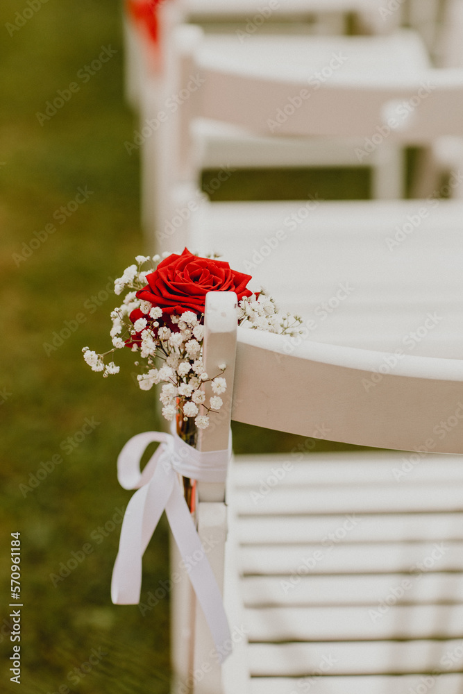 Bouquet de rose rouge et gypsophile attacher à la chaise blanche Stock ...