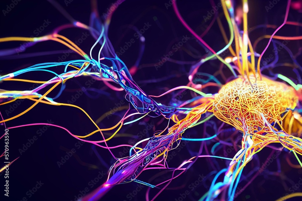 neural network, electrical connections of the human brain, neon colors ...