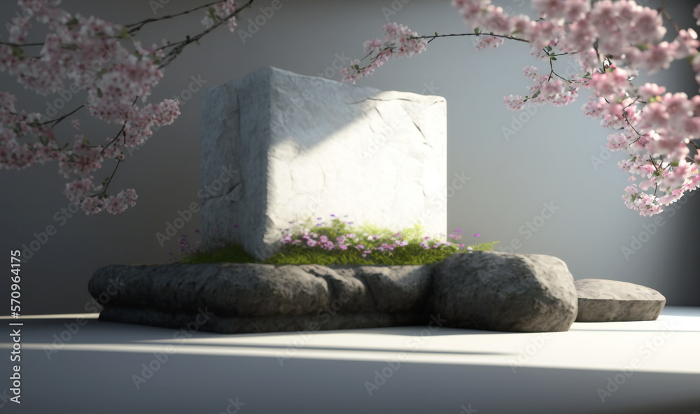 Stone podium in Japanese architectural style, with spring flowers in ...