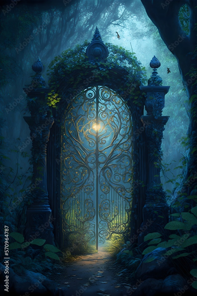 lothlorien ornate gate a path leading through a dense fantasy forest ...