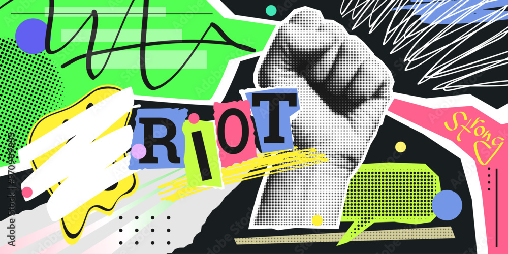Strong fist raised up in halftone shape. Vector collage in contemporary ...