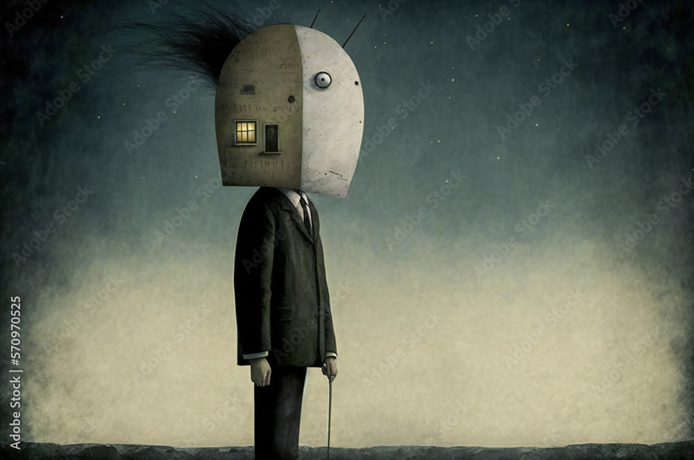 Surreal and bizarre painting of a person in suit with a strange object ...