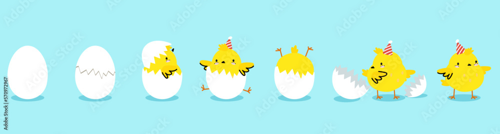 Chick hatching process, yellow chicken in eggs. Cute cartoon bird hatch ...