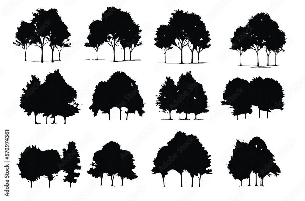 set of trees silhouettes, Group of trees line drawing, Side view, set ...
