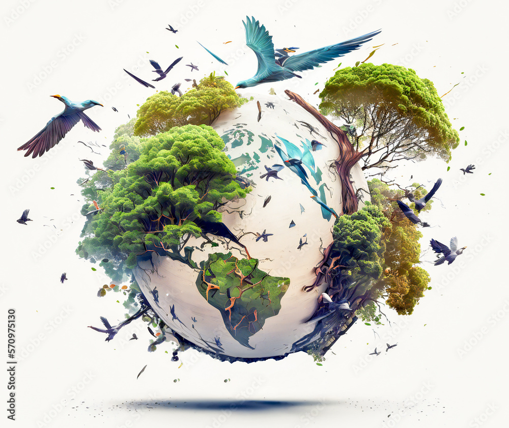 Earth planet with green trees growing on it and birds flying around ...