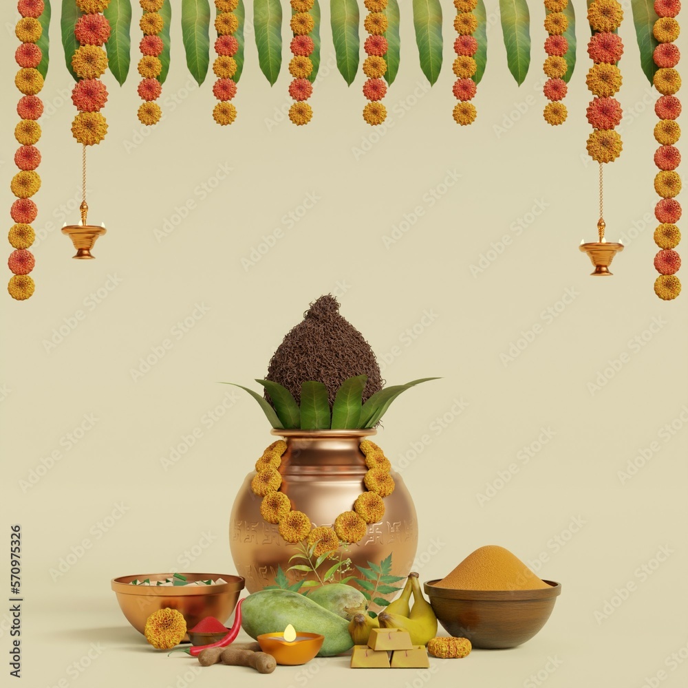 3d render ugadi, Kalash and traditional food pachadi with all flavors ...
