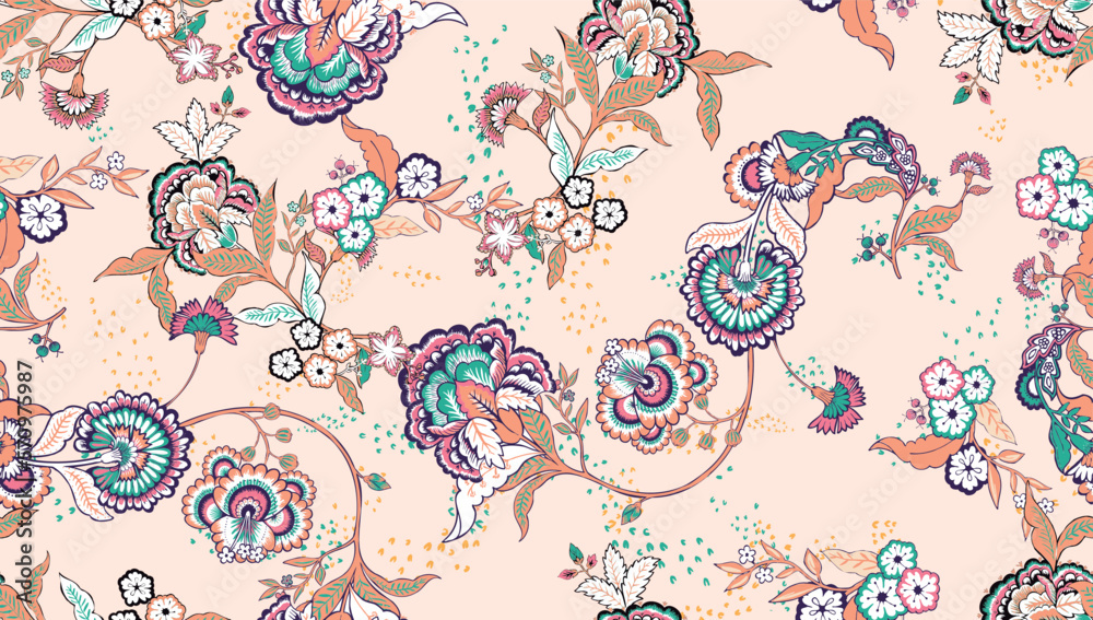 Colorful asian style floral pattern. Dark background floral tapestry ...