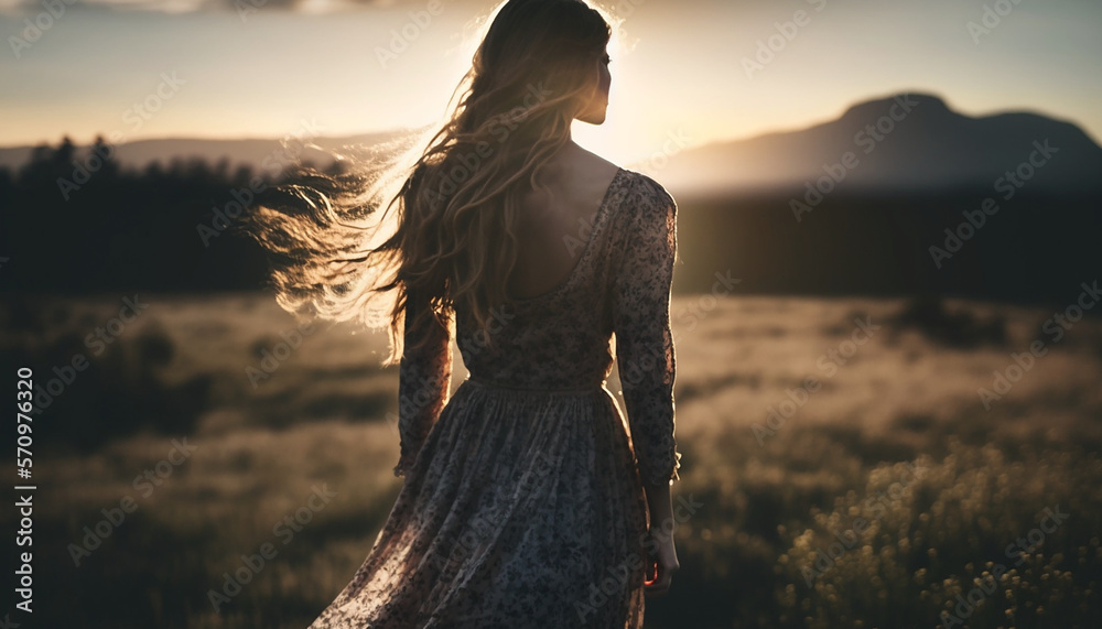 Free woman in nature. Happy young woman in nature at sunrise. Back view ...