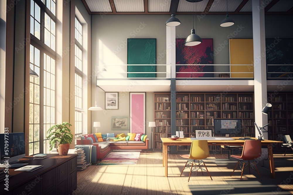 Modern, trendy open-concept loft office space with large windows ...