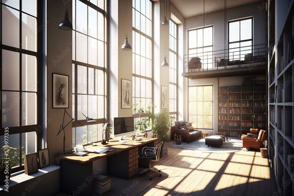 Modern, trendy open-concept loft office space with large windows ...