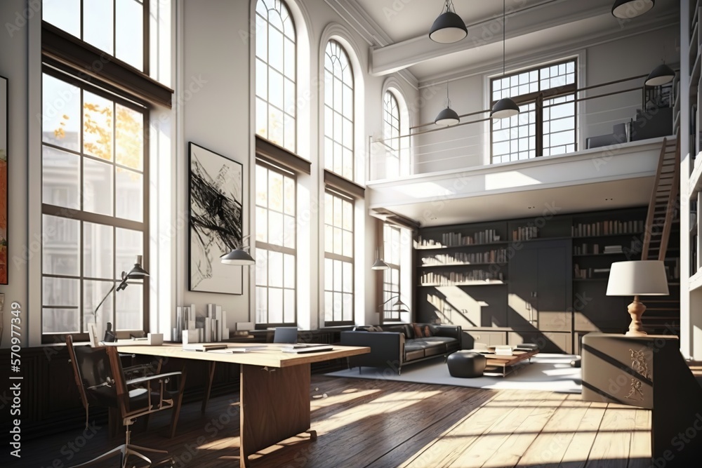 Modern, trendy open-concept loft office space with large windows ...