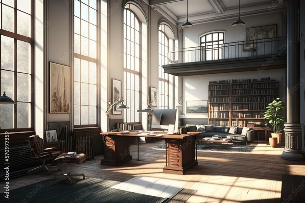 Modern, trendy open-concept loft office space with large windows ...