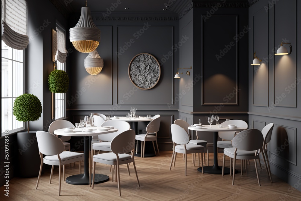 Interior of an elegant and modern restaurant, scandi style with gray ...