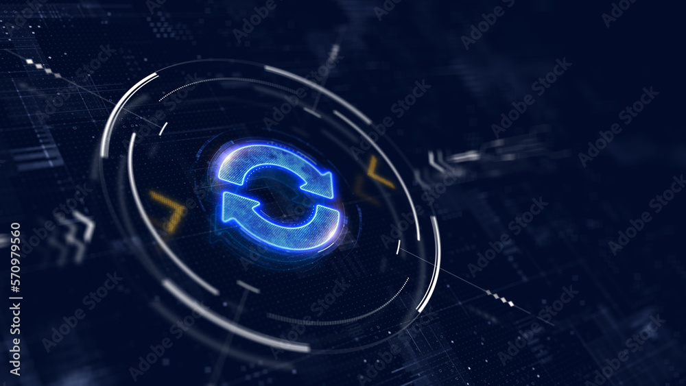 Two arrows icon on abstract technology background - update symbol. 3d ...