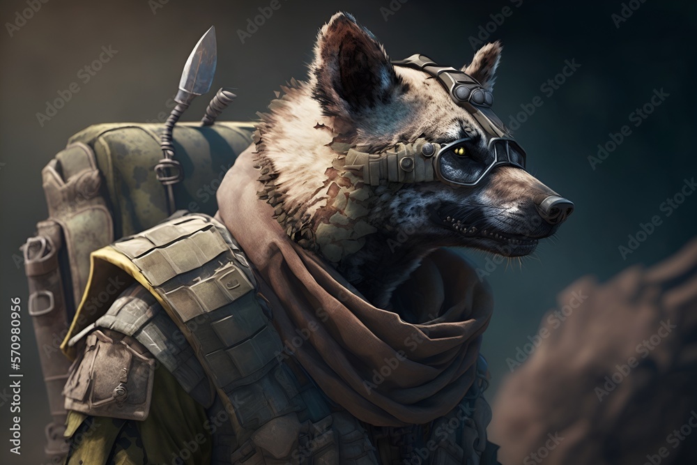 ภาพประกอบสต็อก Portrait of a hyena dressed as a military tactical ...