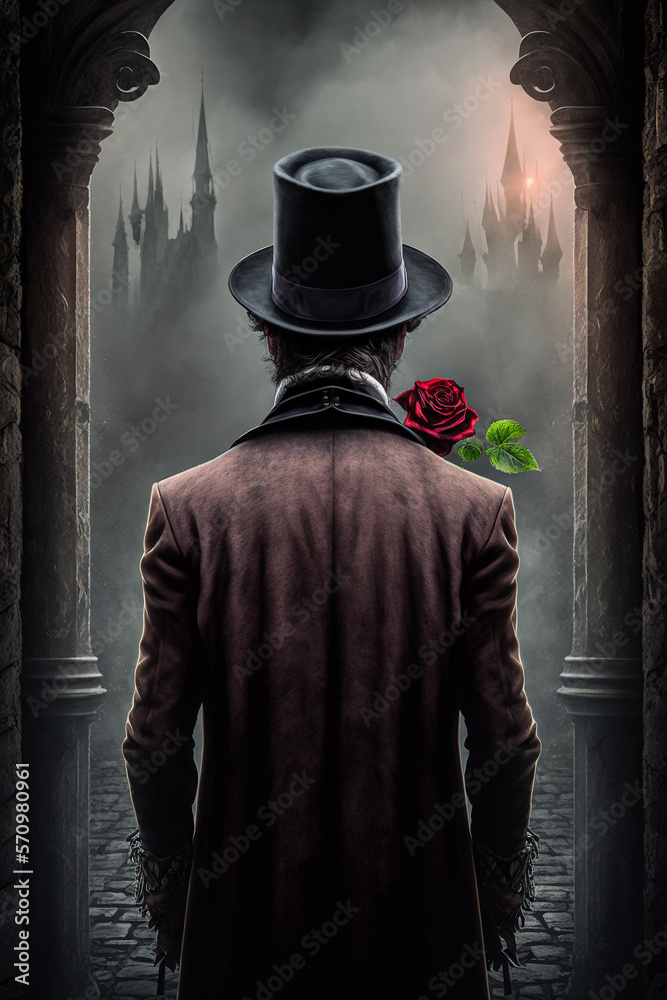 vampire and roses, in Top hat, count dracula, on the background of the ...