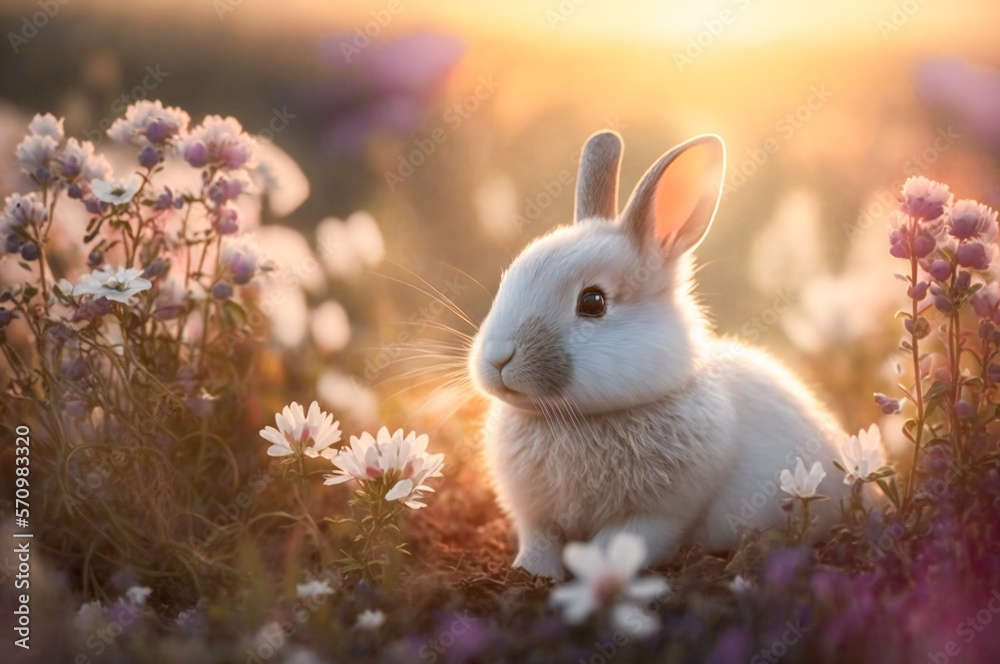 Cute rabbit among wild flowers in a sunny morning with sun behind ...