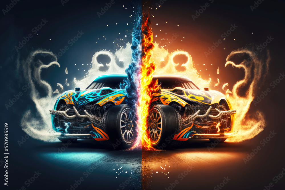 two car racing with flaming wheels on starting line drag racing start ...