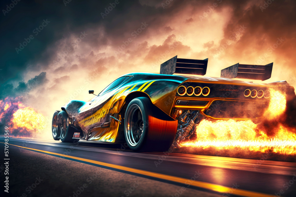 drag racing start and powerful sports racing car accelerates on ...