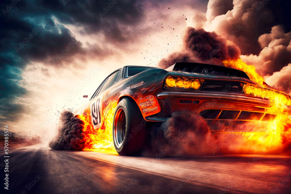 drag racing start dangerous car races on burning asphalt generative ai ...