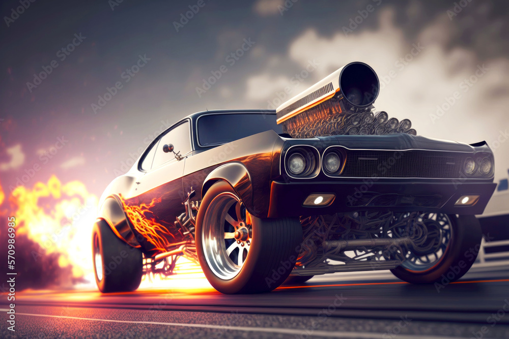 powerful car driving up to starting line and getting ready for drag ...