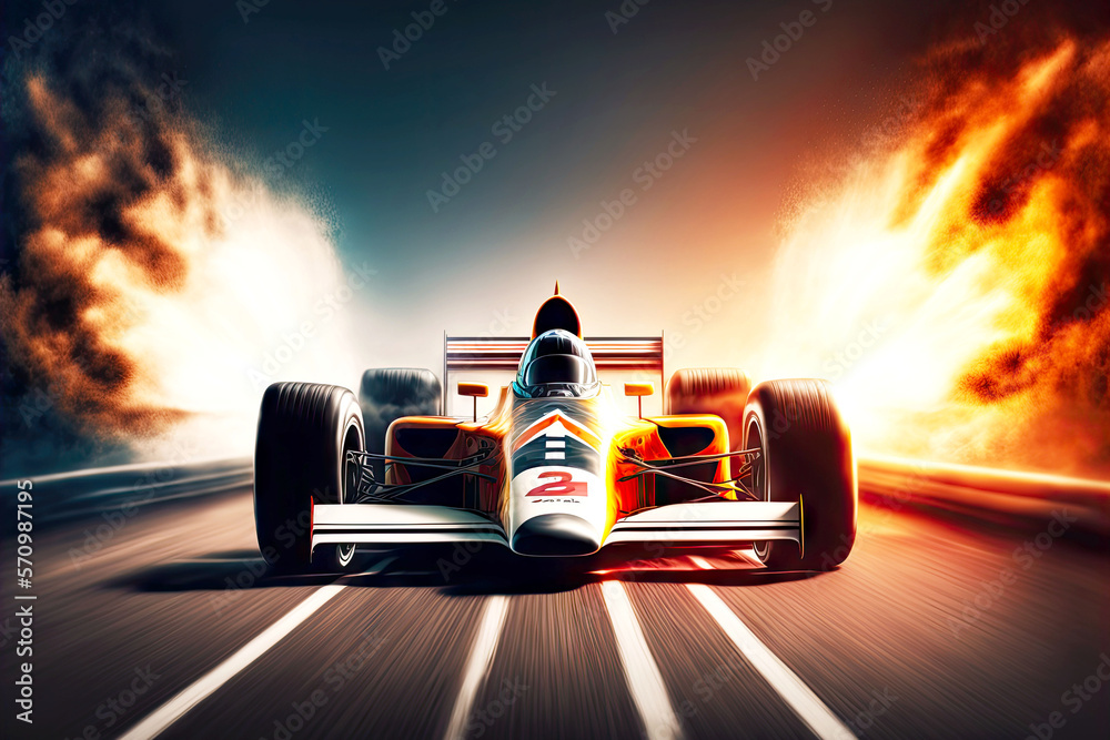 powerful sport race car accelerates on straight and approaches finish ...