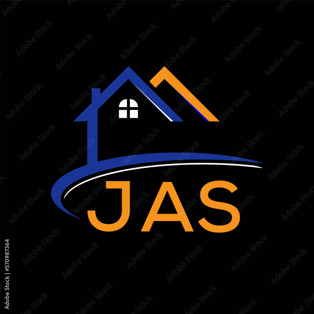 JAS house logo, letter logo. JAS blue image on black background and ...