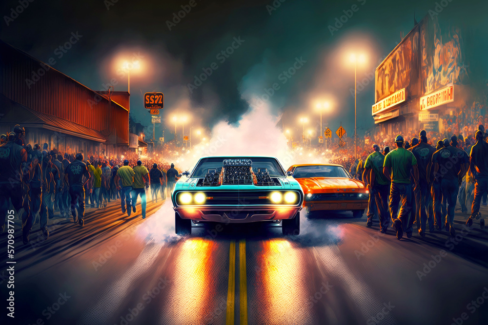 drag racing start and crowd of people around powerful cars with lit ...