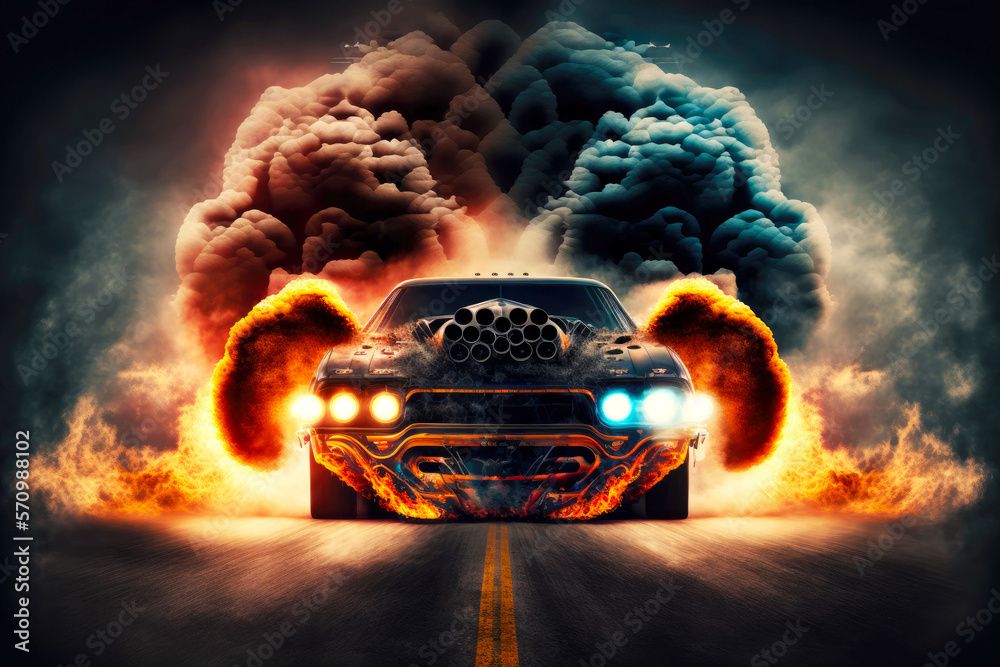 drag racing start and car burning on road with smoke and fire ...