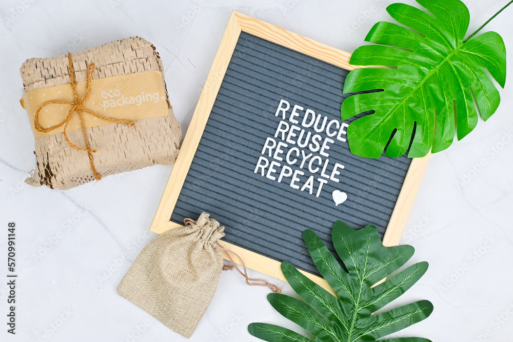Letter board with quote Reduce Reuse Recycle, repeat, jute bag, eco ...