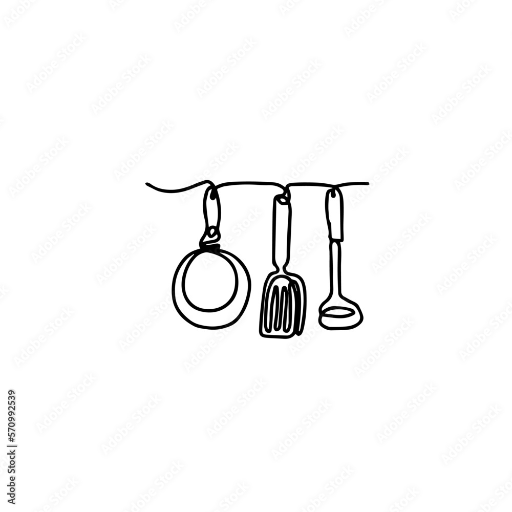 Cutlery hanging line art background. One line drawing of different ...