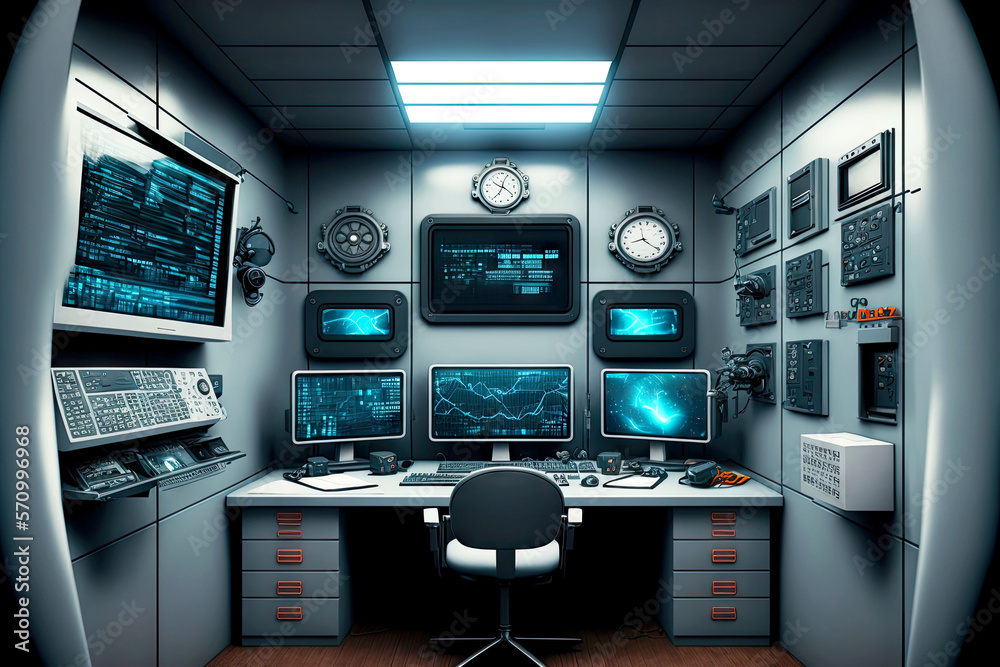 high-tech modern room with computer and monitor surveillance room ...