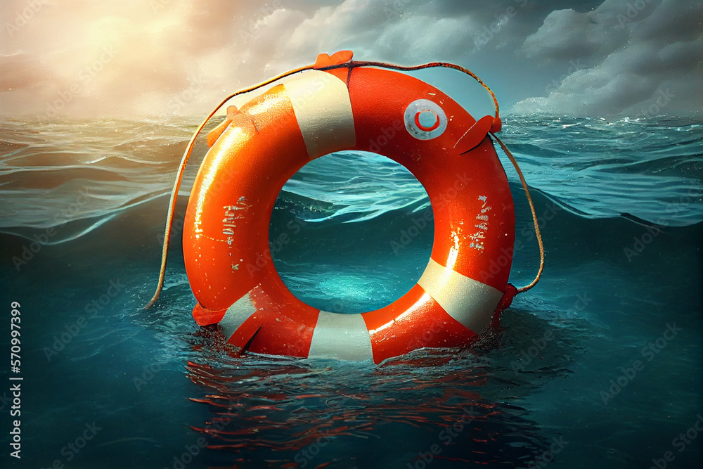 Lifebuoy floating on water, help, risk and lifesaving concept ...