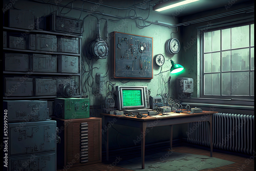 secret laboratory with equipment in room with monitor surveillance room ...