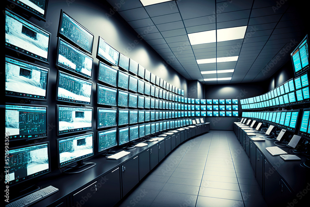 monitors displaying camera images of rows of empty offices in office ...