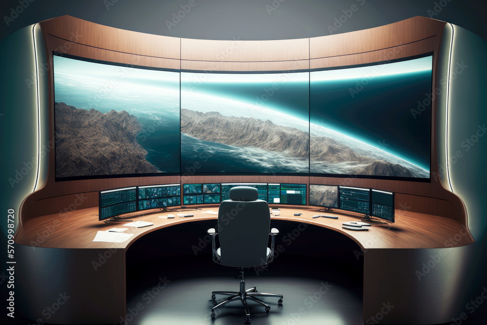 large monitor in room with curved walls of monitor surveillance room ...