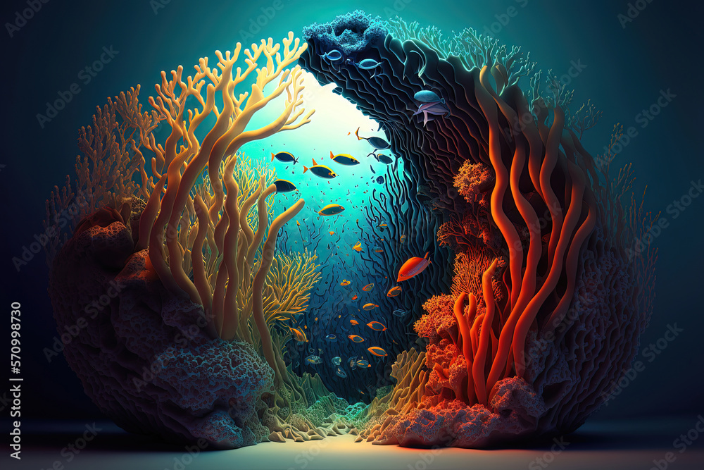 Underwater deep-sea gorge. Underwater deep ocean world, light on the ...