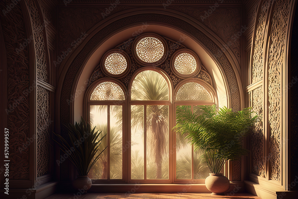 Eastern architectural window, Arabic palace interior. AI Stock ...