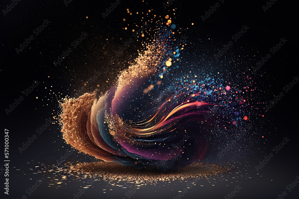 Magical neon background with bokeh and tiny particles, explosion and swirl of sparkles and ...