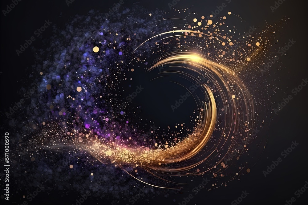 Magical neon background with bokeh and tiny particles, explosion and swirl of sparkles and ...